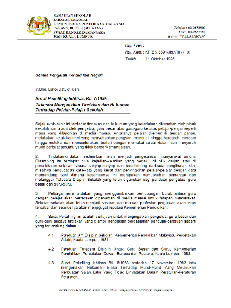 Microsoft Word - 7-1995.doc - Tatacara Mengenai Tindakan Dan Hukuman Kepada Pelajar | PDF