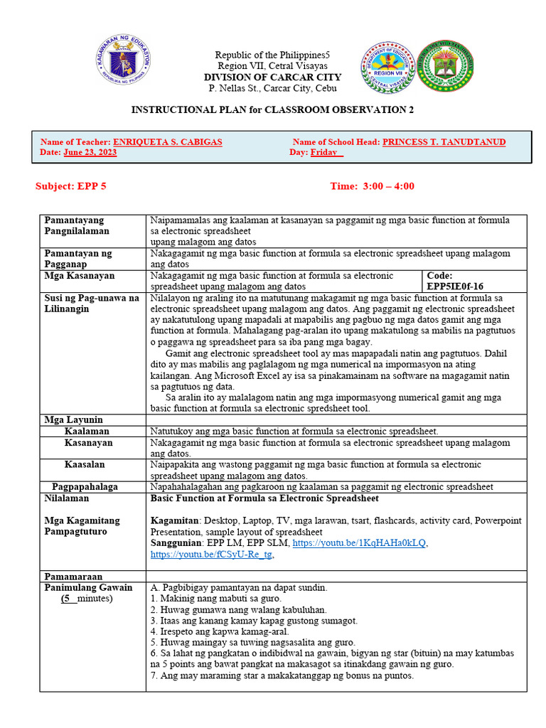 Basic Function at Formula Lesson Plan 5 | PDF
