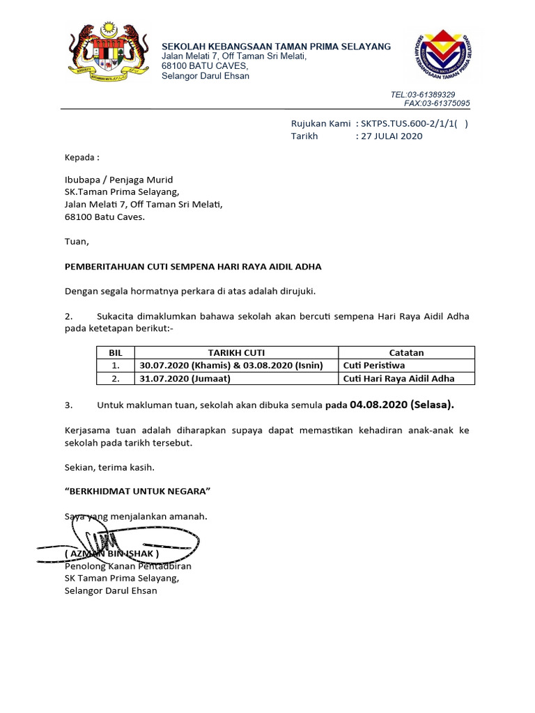 Surat Siaran Cuti Aidil Adha Pdf