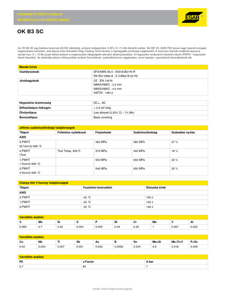 Ok B3 SC: Gyengén Ötvözött Acélok Bevonatos Elektródák (Smaw) | PDF