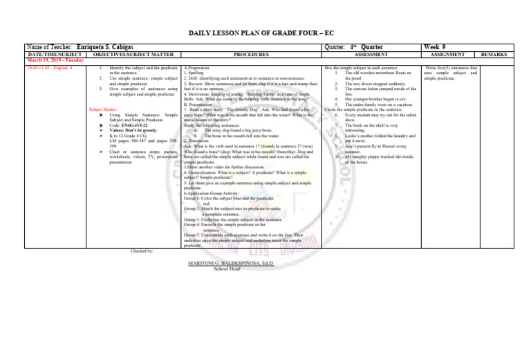 Simple Subject and Simple Predicate Lesson Plan 4 | PDF