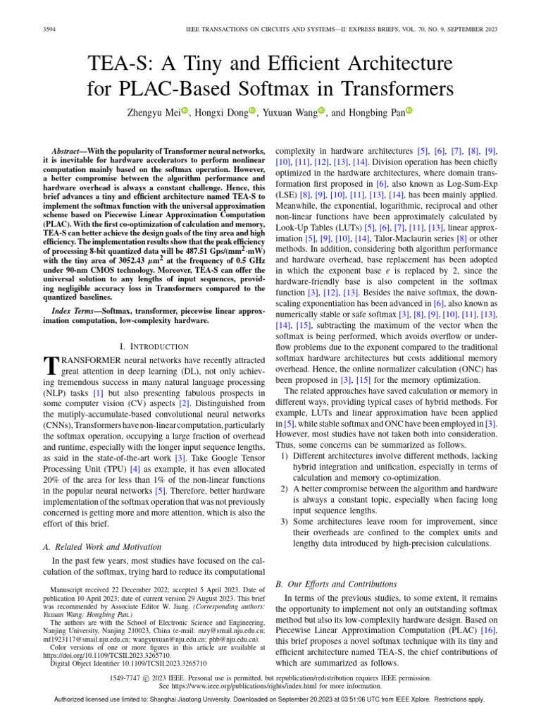 TEA-S_A_Tiny_and_Efficient_Architecture_for_PLAC-Based_Softmax_in_Transformers (1) | PDF