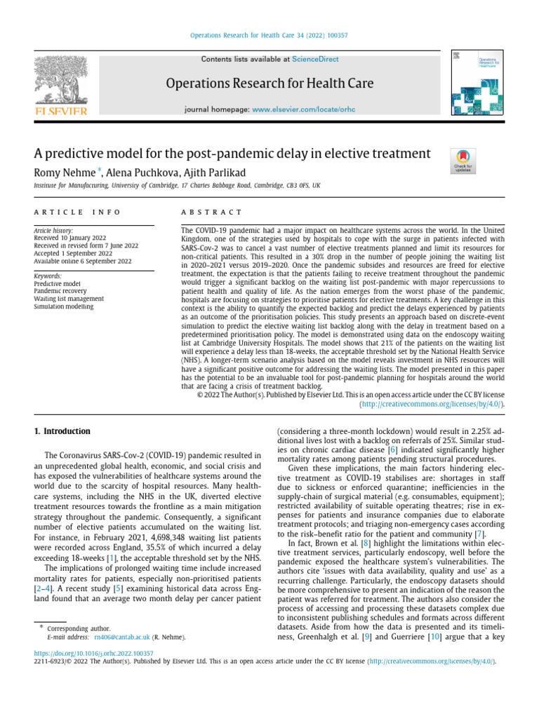 A Predictive Model For The Post-Pandemic Delay in Elective Treatment | PDF