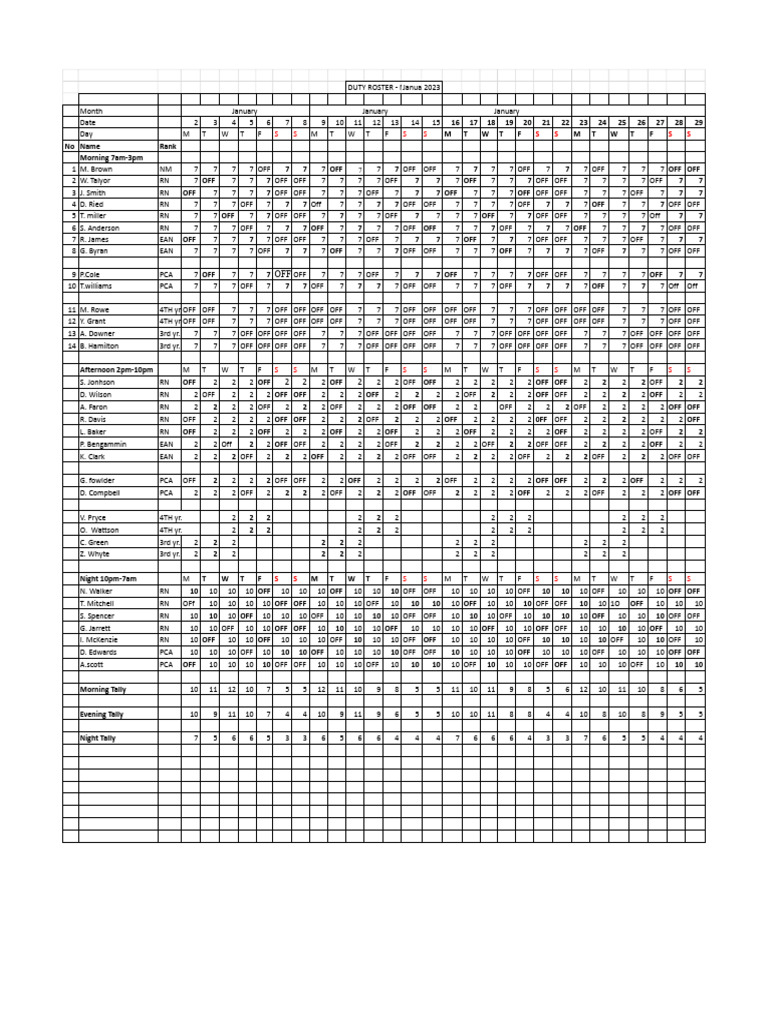 Duty Roster Template - 4 Weeks Revised | PDF