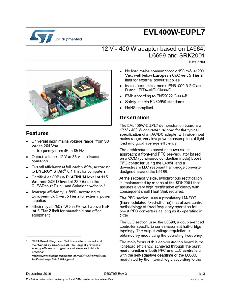 EVL400W-EUPL7: 12 V - 400 W Adapter Based On L4984, L6699 and SRK2001 | PDF | Rectifier ...