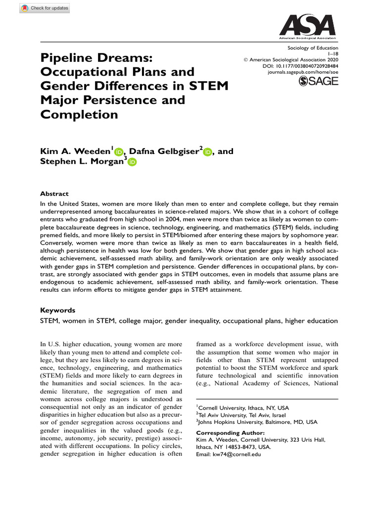 Pipeline Dreams: Occupational Plans and Gender Differences in STEM Major Persistence and ...