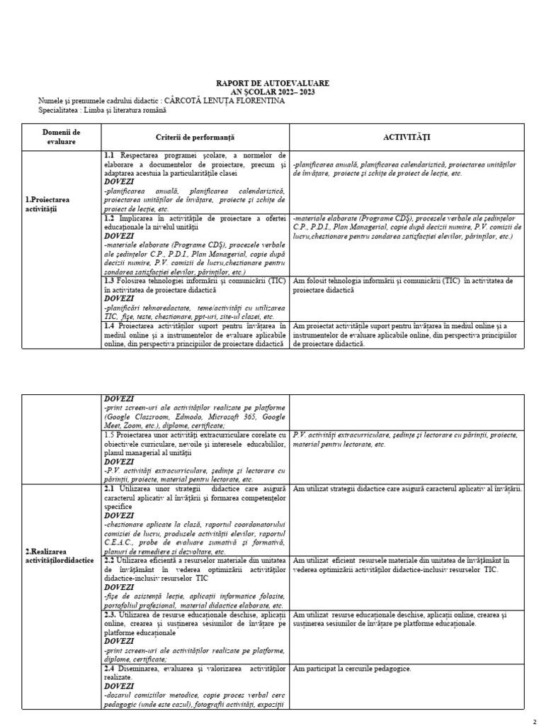 RAPORT DE AUTOEVALUARE (2) (2) | PDF