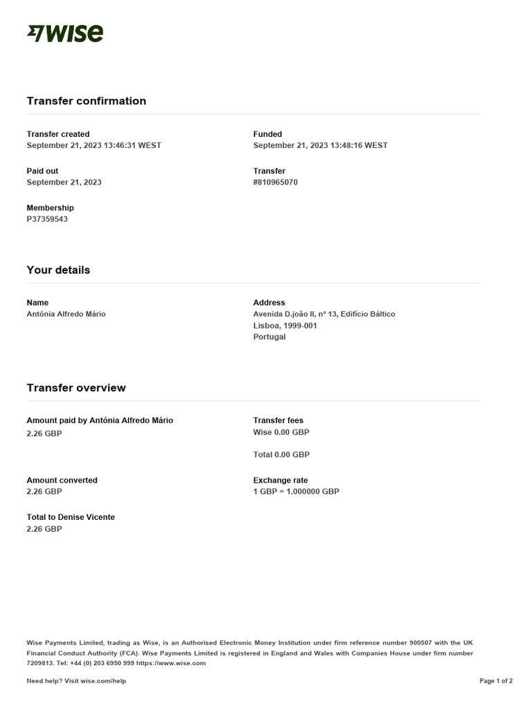 Wise Transaction Invoice Transfer 810965070 1702761483 PT | PDF ...
