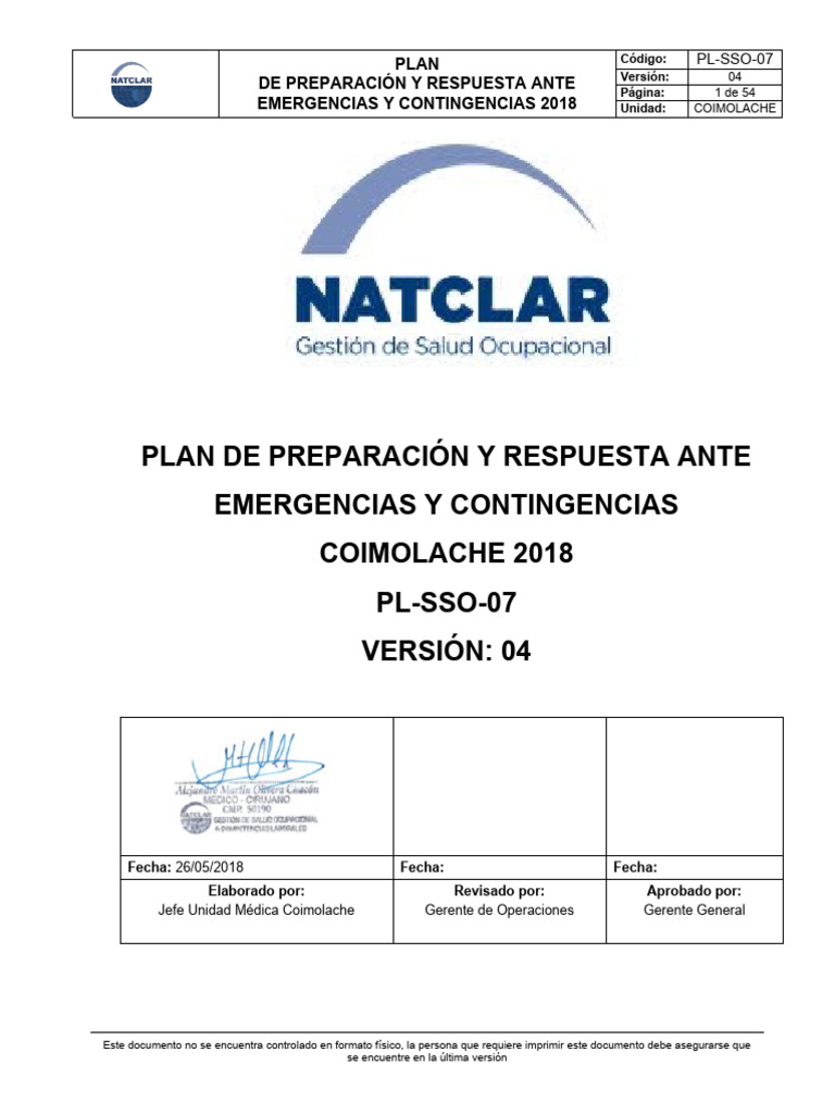 Plan de Preparación y Respuesta Ante Emergencias y Contingencias - CMC 2018 Editable | PDF ...
