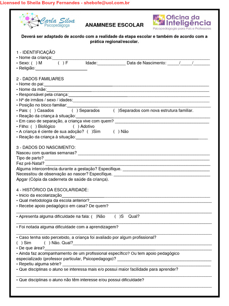 ANAMNESE ESCOLAR - Carla Silva | PDF