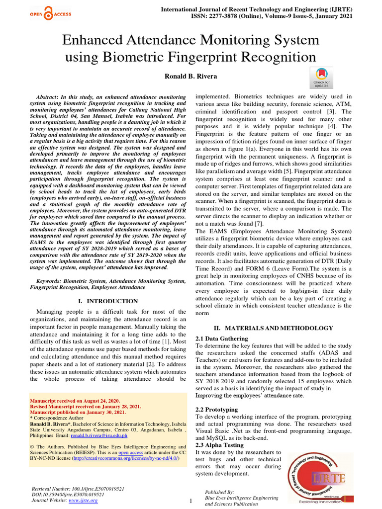 Enhanced Attendance Monitoring System Using Biometric Fingerprint Recognition | PDF