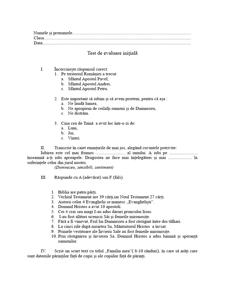 Test Inițial Clasa A 5 A | PDF