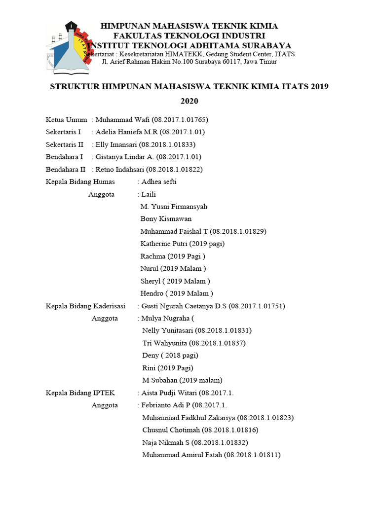 Struktur Himpunan Mahasiswa Teknik Kimia Itats 2019 2020 | PDF Struktur Himpunan Mahasiswa Teknik Kimia Itats 2019 2020 | PDF