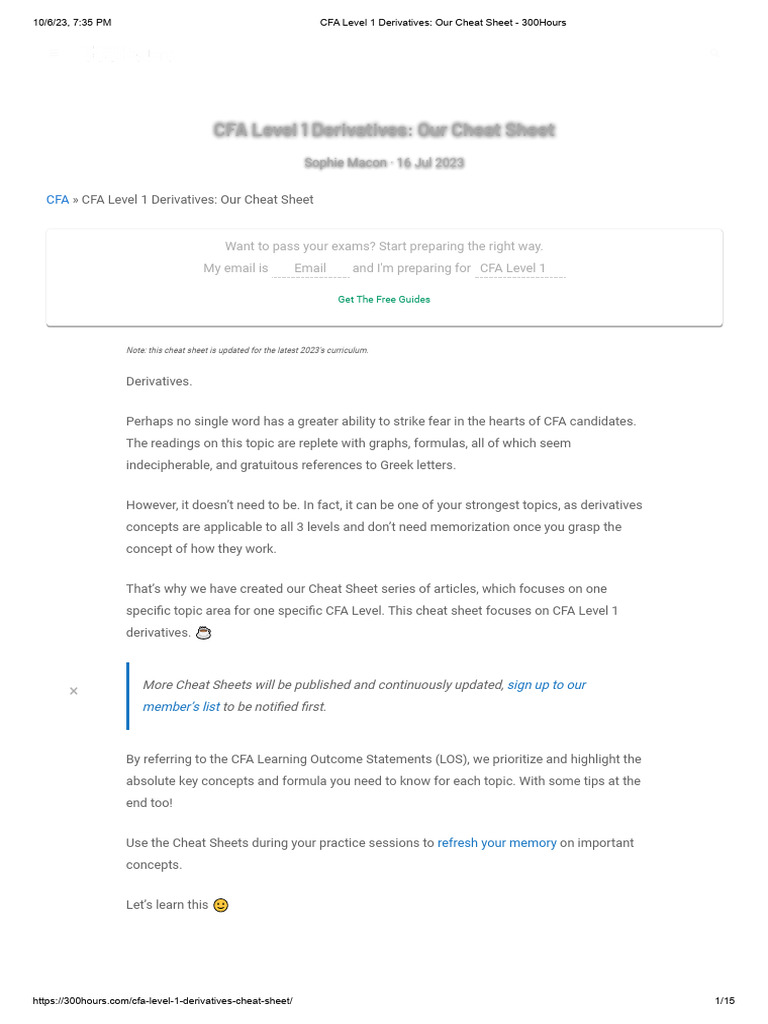 CFA Level 1 Derivatives Cheat Sheet | PDF