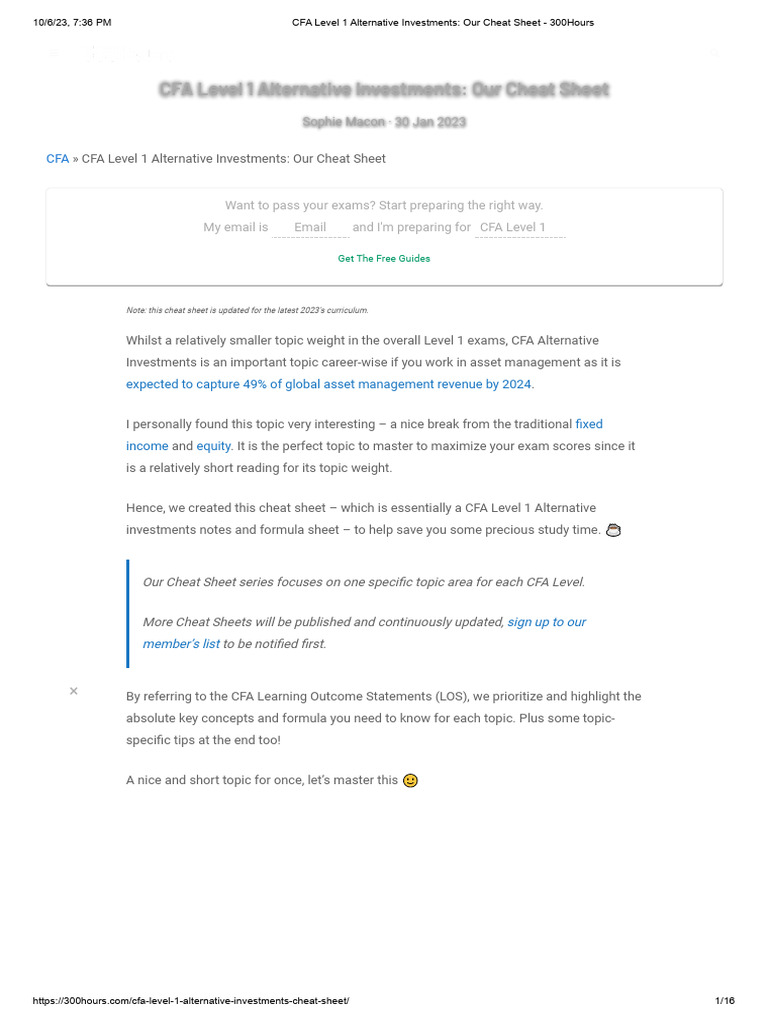 CFA Level 1 Alternative Investments - Our Cheat Sheet - 300hours | PDF ...