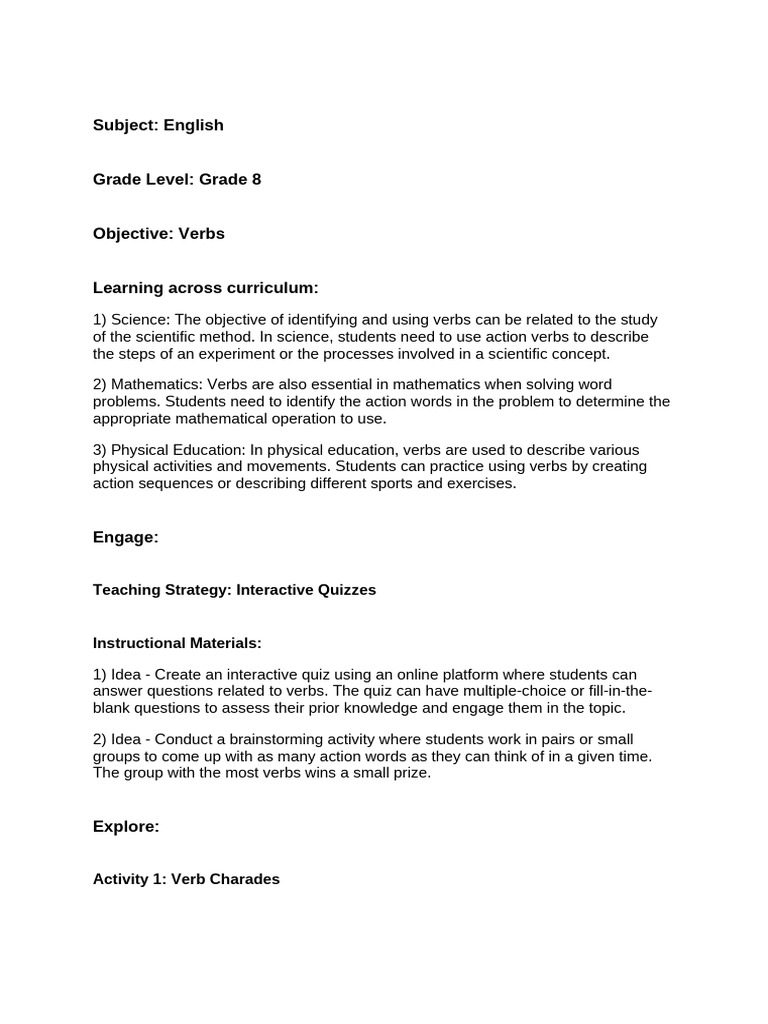 Lesson - Plan Verbs | PDF