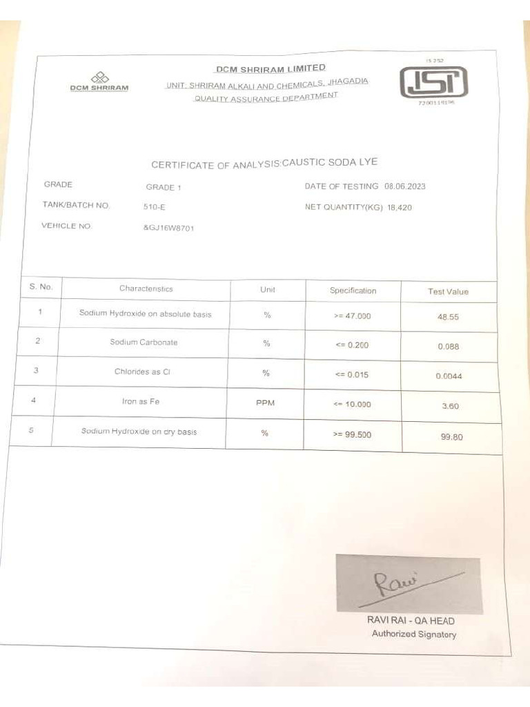 Coa - Caustic Soda Lye DCM | PDF
