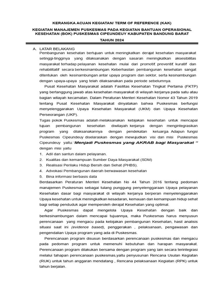 TOR MANAJEMEN PKM CIPEUNDEUY 2024 | PDF