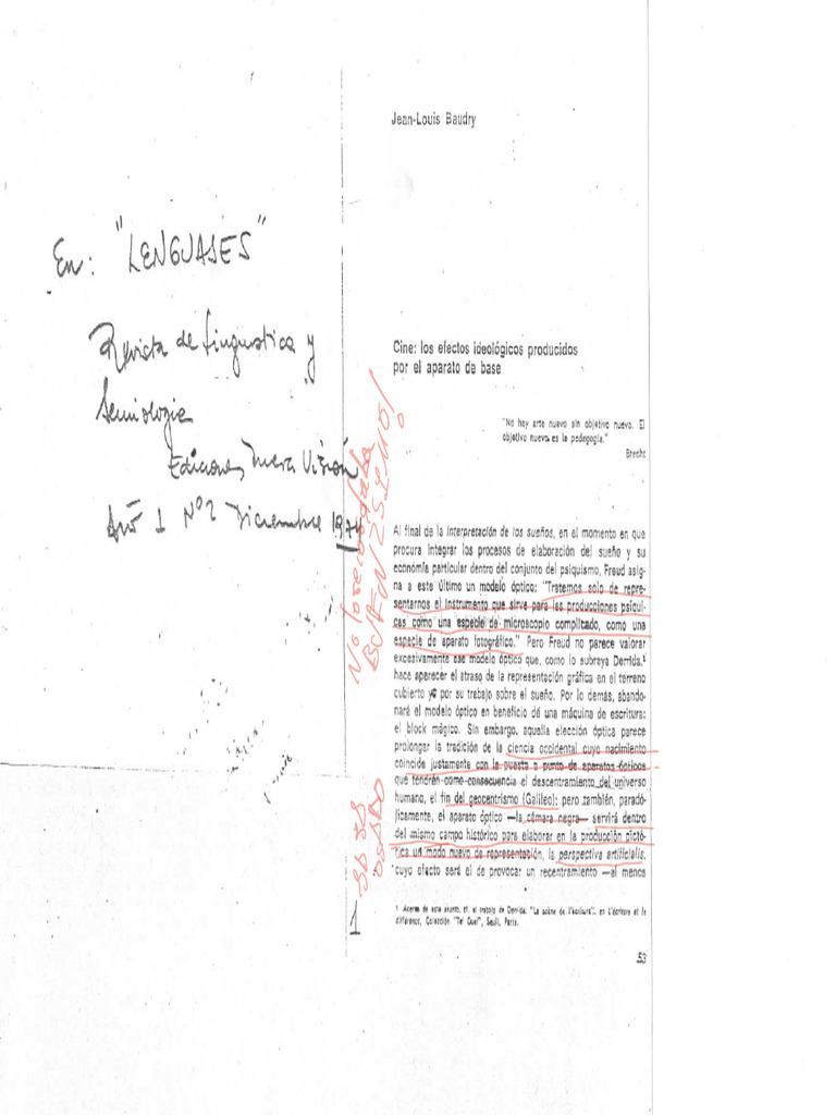 Baudry Jean Louis Cine Efectos Ideologicos Del Aparato de Base | PDF