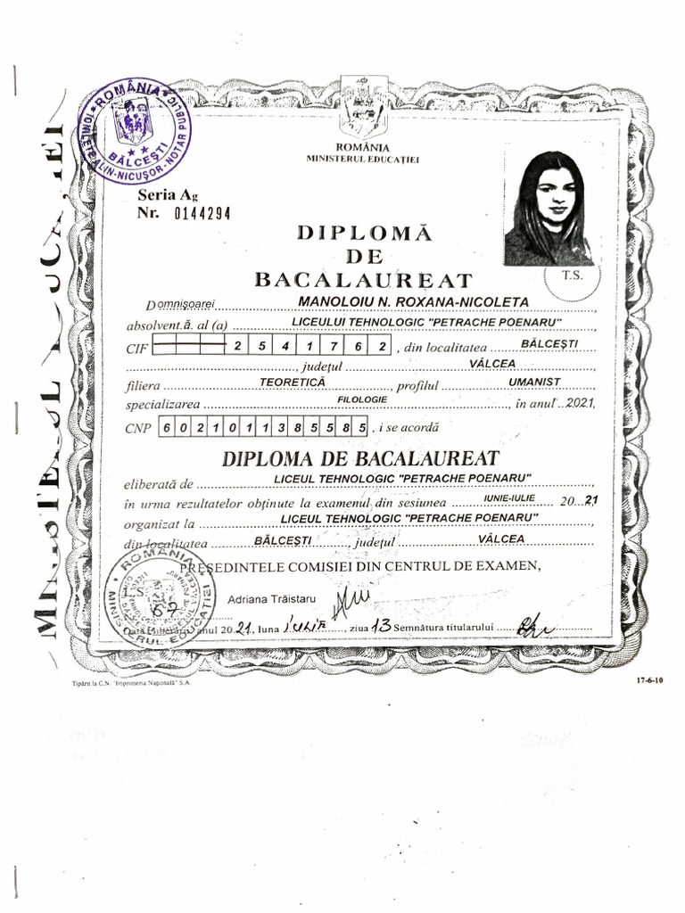 Manoloiu Roxana Nicoleta-Diploma Bacalaureat | PDF