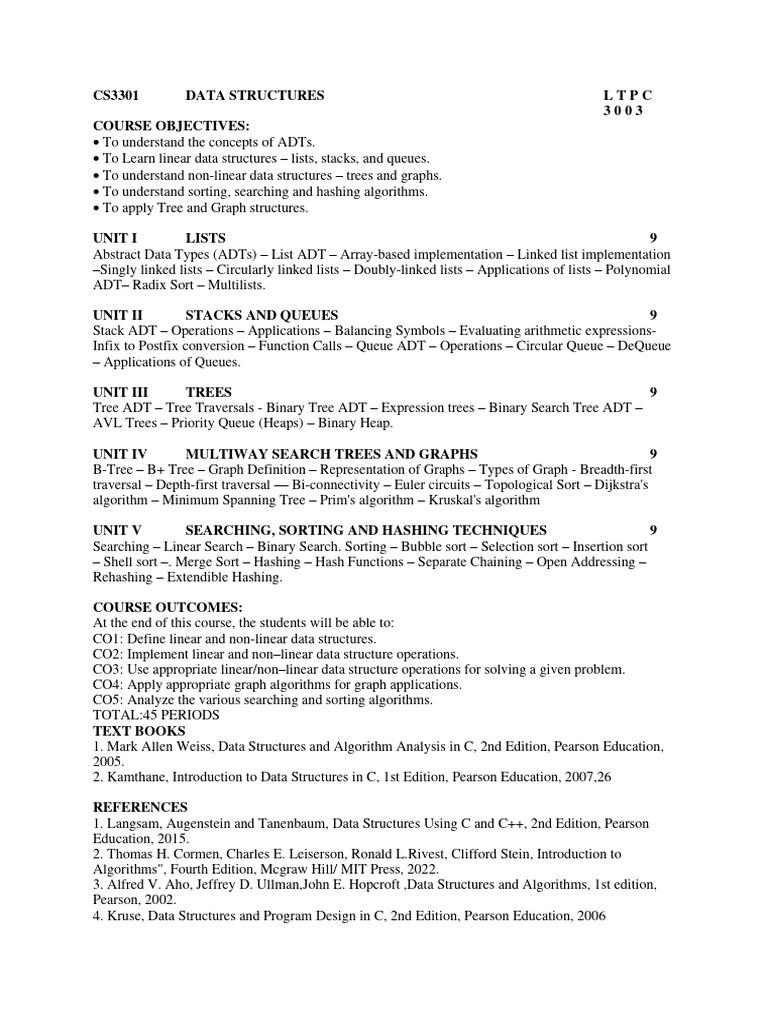 CS3301 DATA STRUCTURES Syl | PDF | Technology & Engineering