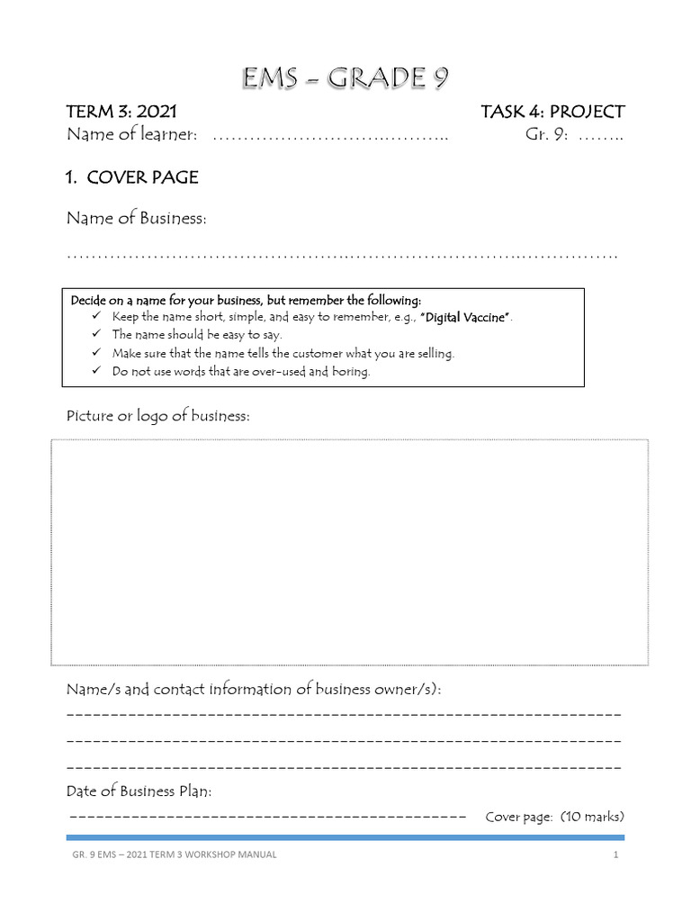 Grade 9 Business Plan Guide | PDF