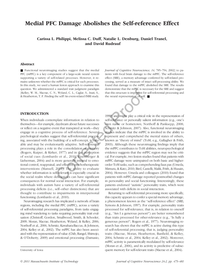 Medial PFC Damage Abolishes The Self-Reference Effect | PDF