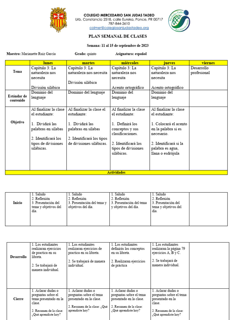 Planificación 11 Al 15 de Septiembre 2023 Quinto Grado | PDF | Palabra ...