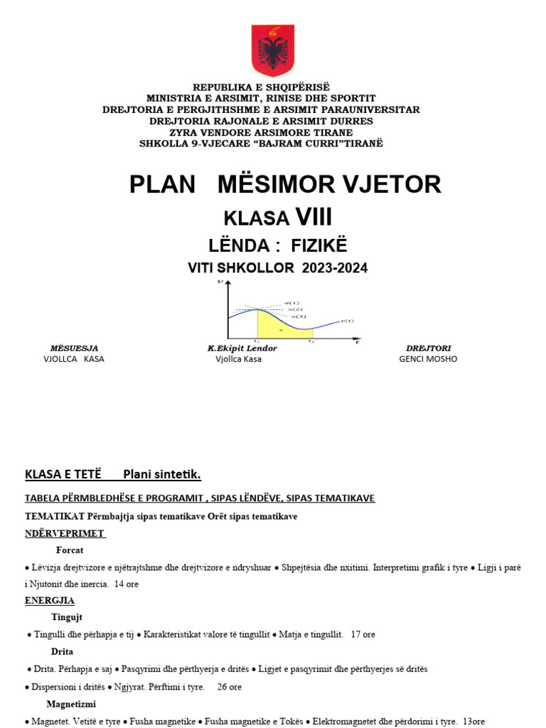 Plan Mësimor Vjetor Viii: Klasa | PDF