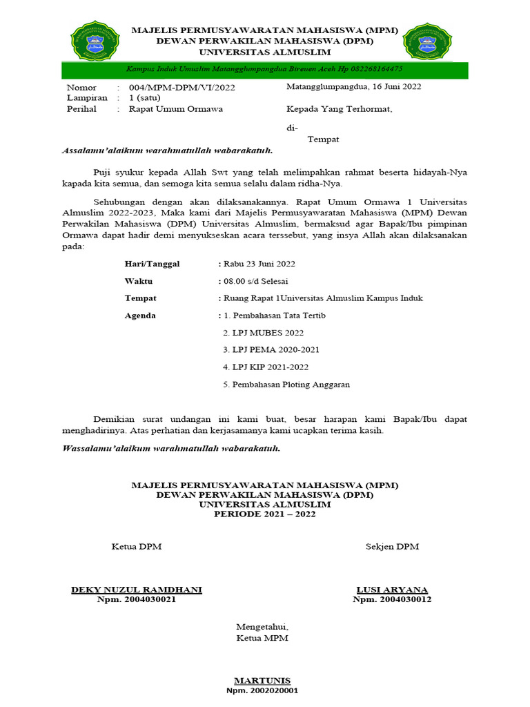 004 Surat Undangan Rapat Ormawa 1 2022-2023 | PDF