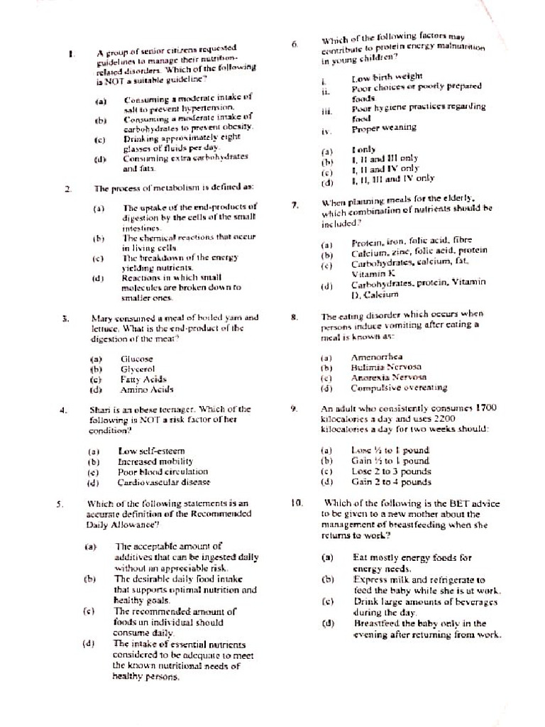 CAPE Foods and Nutrition UNIT 2 Paper 1 - 2020 | PDF