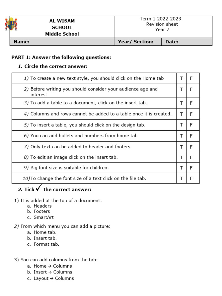 Revision Sheet Year 7 | PDF