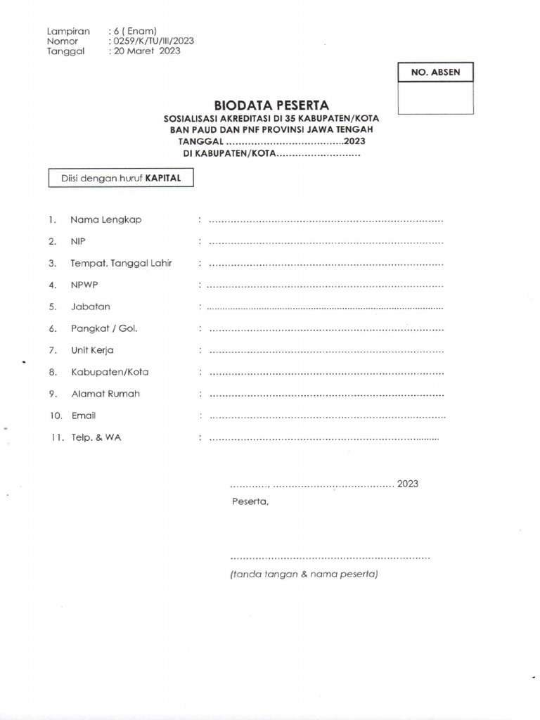 Biodata Peserta Sosialisasi Akreditasi BAN PAUD PNF Jateng | PDF