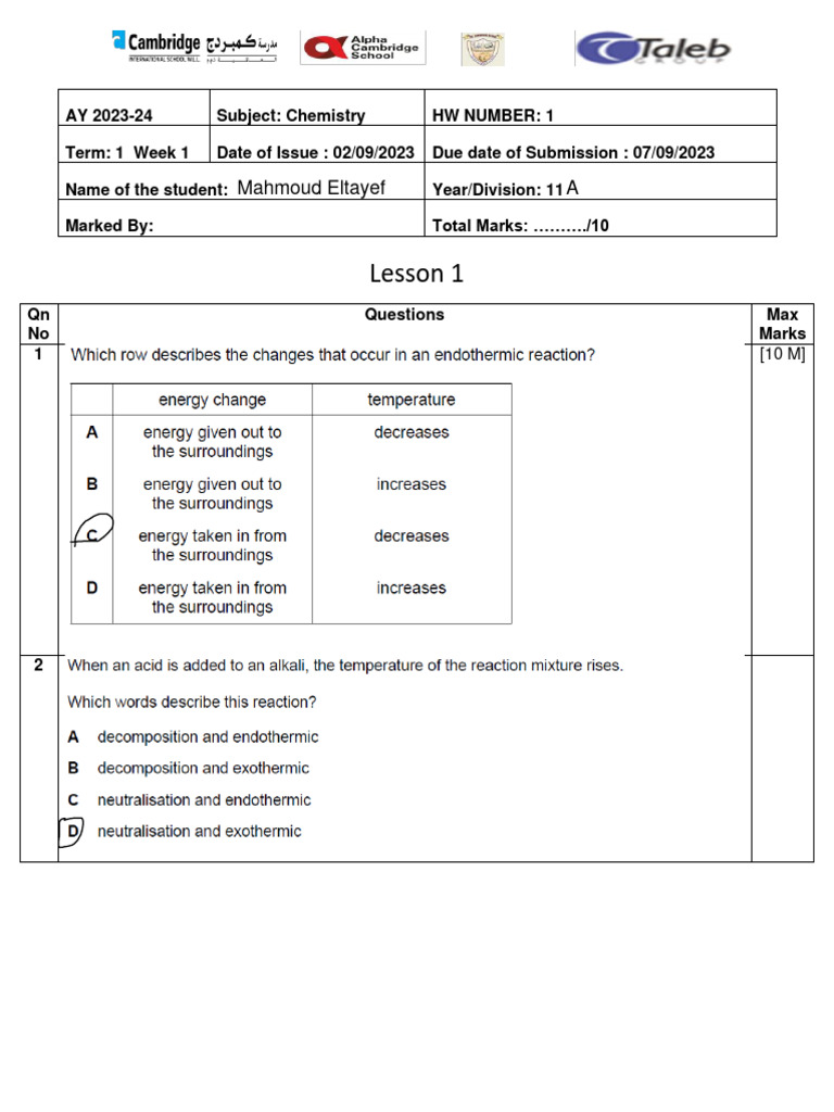 Chemistry Hw 1 Term 1 Week 1 Pdf