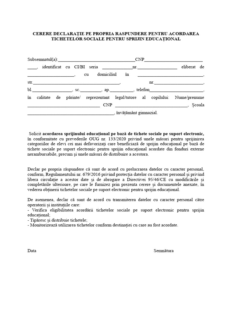 Cerere Declarație Pe Propria Raspundere Pentru Acordarea Tichetelor Sociale Pentru Sprijin ...