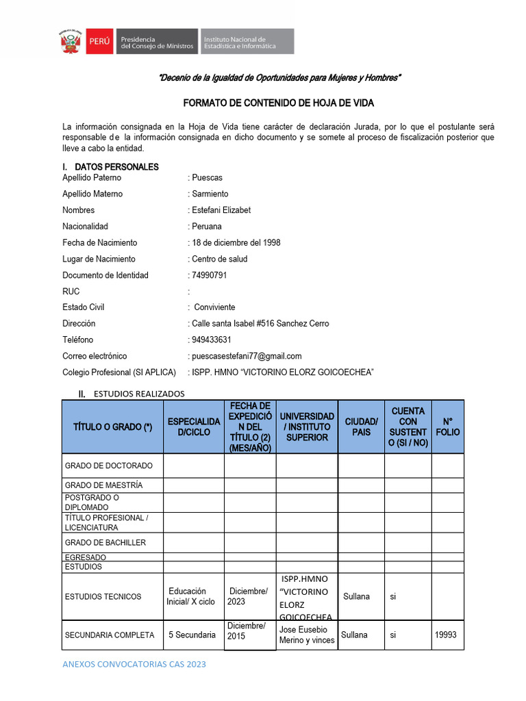 Formatos - Contenido - de - Hojas de - Vida - 2023 | PDF