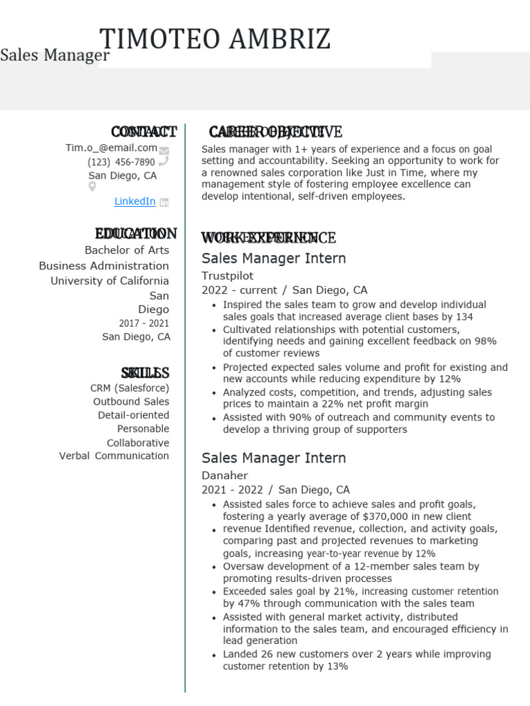 Manager of Sales Resume Example | PDF | Business | Finance & Money ...