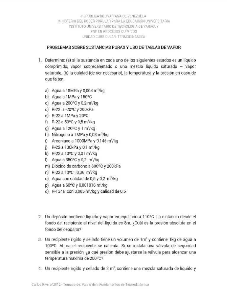 Sustancias Puras Ejercicios | PDF