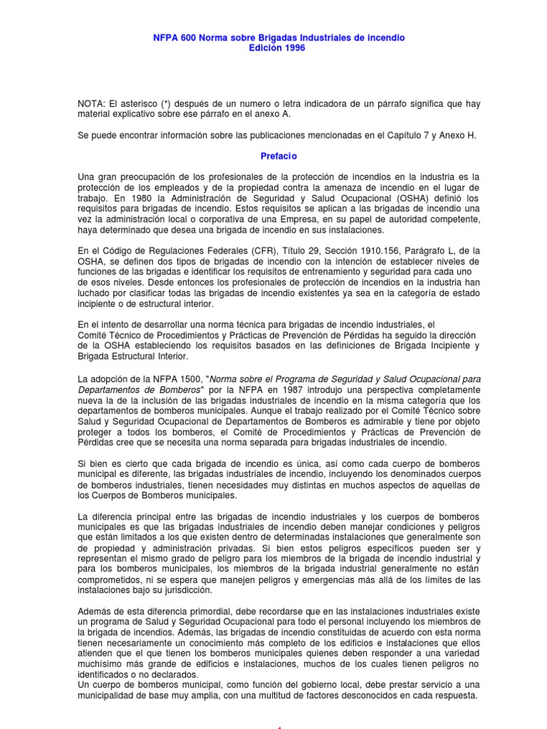 Norma NFPA 600 | PDF | Bombero | Administración de Seguridad y Salud ...