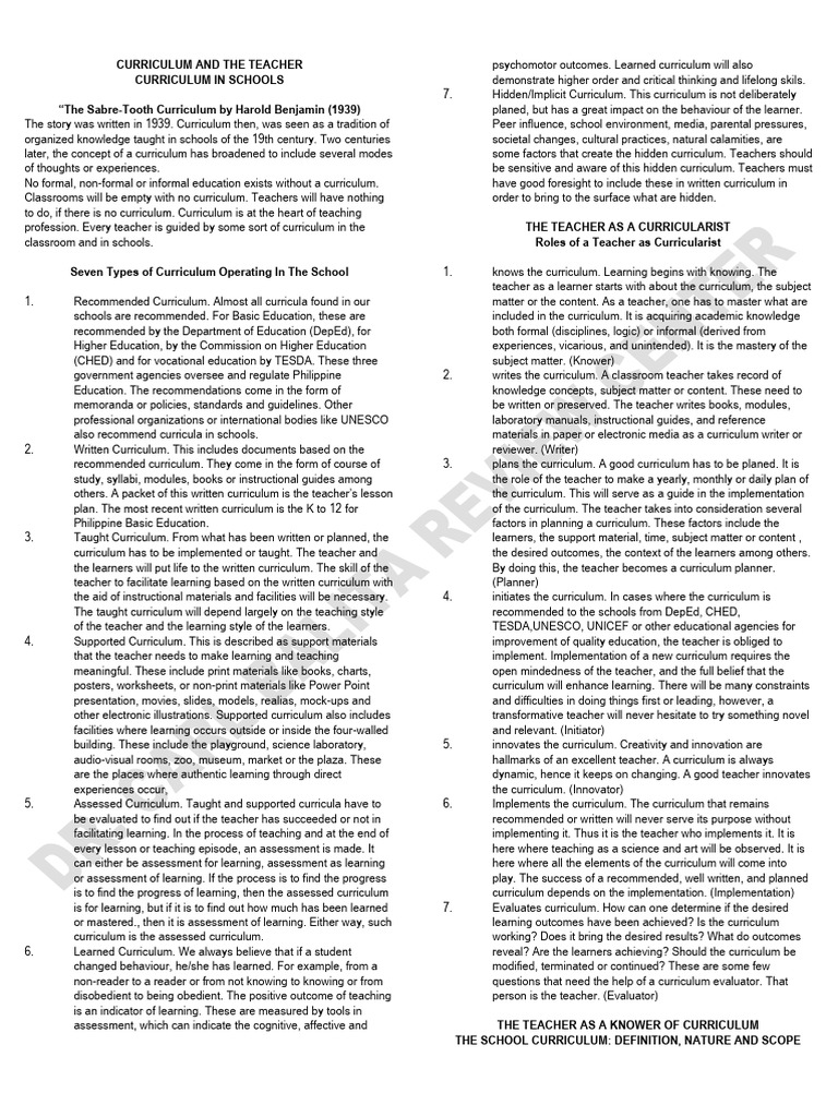 PED 3 Curriculum and The Teacher Curriculum in Schools | PDF