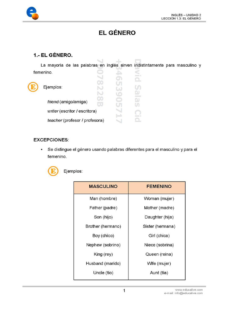 Ingles Tema 2. Leccion - 13 - El - Genero | PDF
