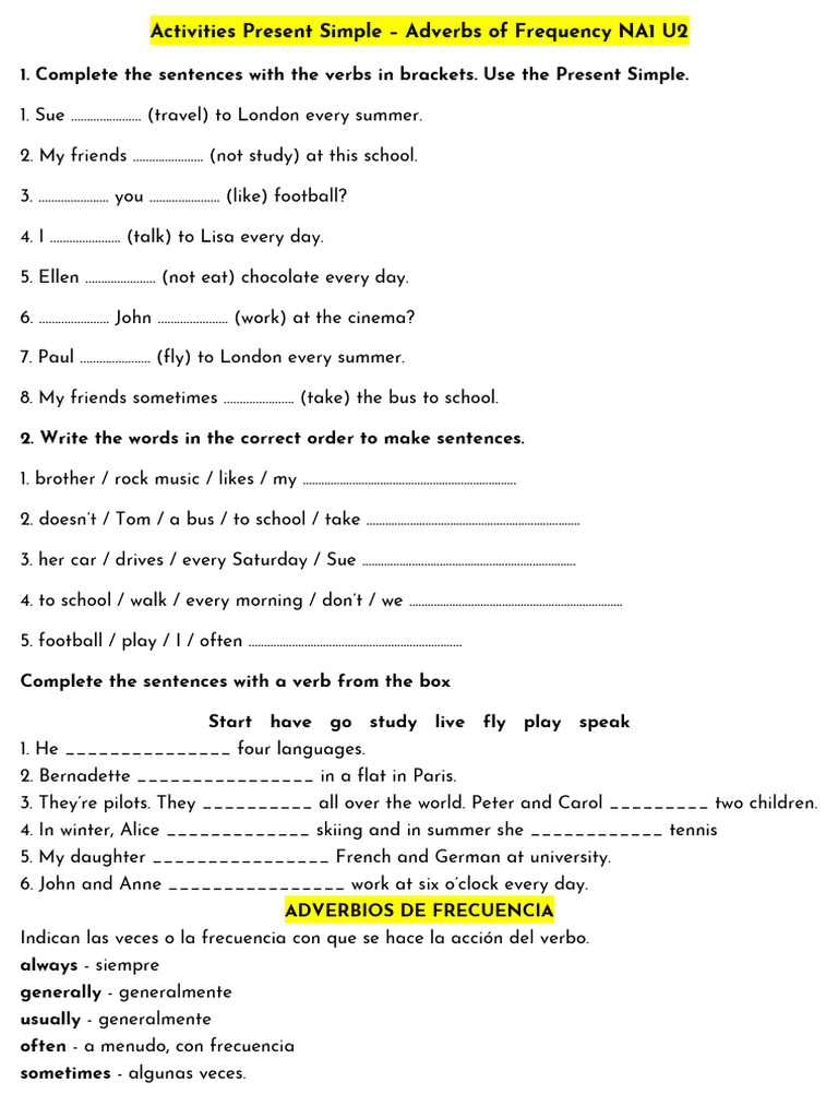 Activities Present Simple - Adverbs of Frequency NA1 U2 | PDF