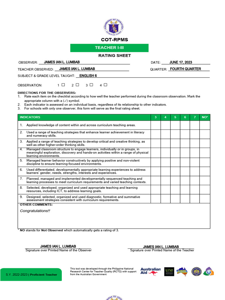 COT-RPMS Rating Sheet and Observation Notes | PDF | Career & Growth