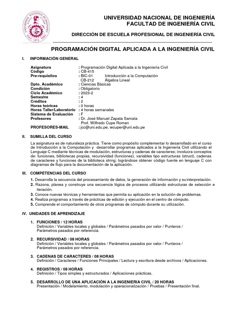 SILABO PROGRAMACION DIGITAL APLICADA A LA INGENIERIA CIVIL Versión 1 ...