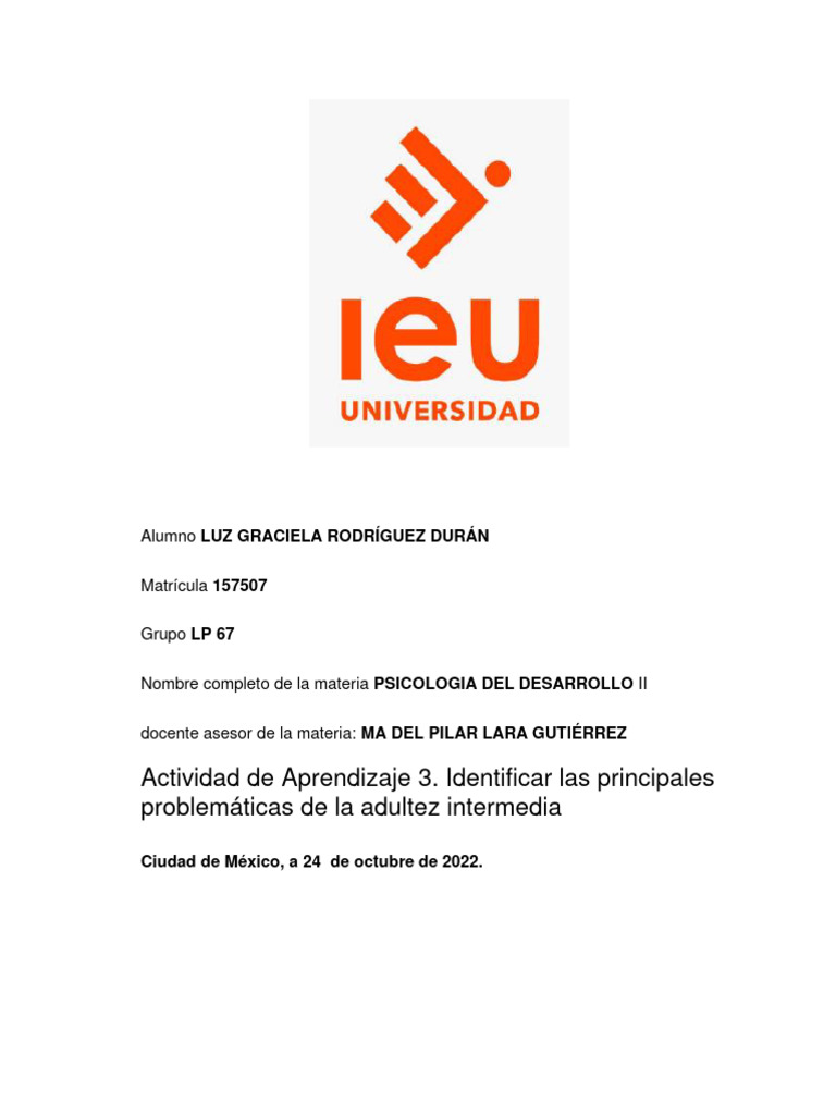 ACT3 - Adulto Intermedio PSICOLOGIA DEL DESARROLLO II - LUZ GRACIELA RODRIGUEZ DURAN - LP67 | PDF