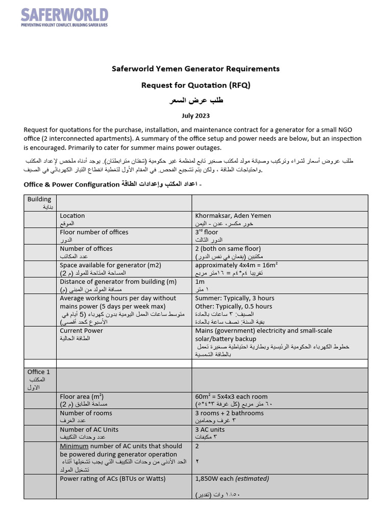 Saferworld Yemen Generator Requirements - App Form Arabic | PDF
