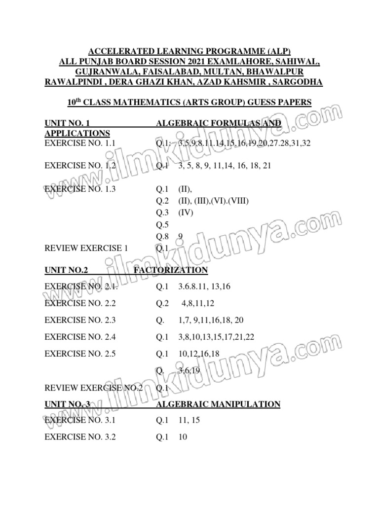 Mathematics Arts Group Class 10th | PDF