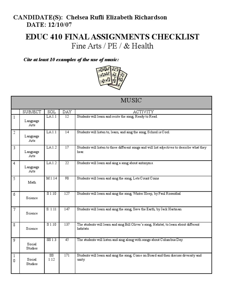 Fine Arts and Health Curriculum Checklist | PDF | Physical Education ...