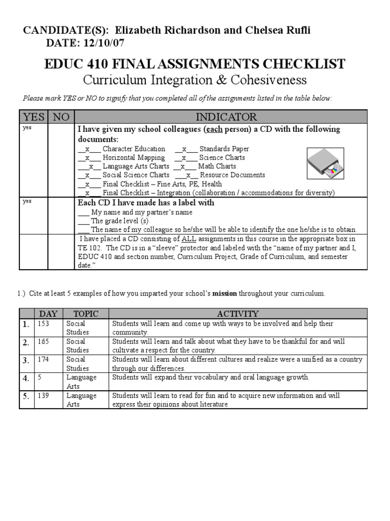 EDUC 410 Curriculum Integration Checklist | PDF | Curriculum | Learning