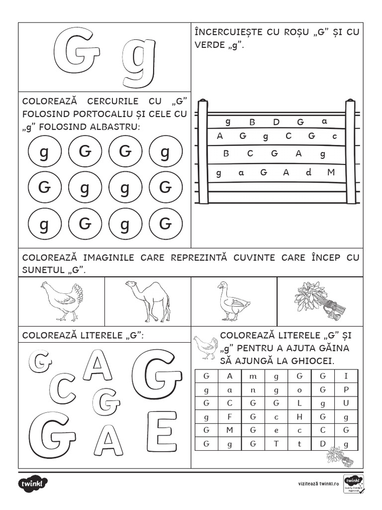 Literele G Si G - Recunoasterea Literei Mici Si A Literei Mari de Tipar - Fisa de Lucru | PDF